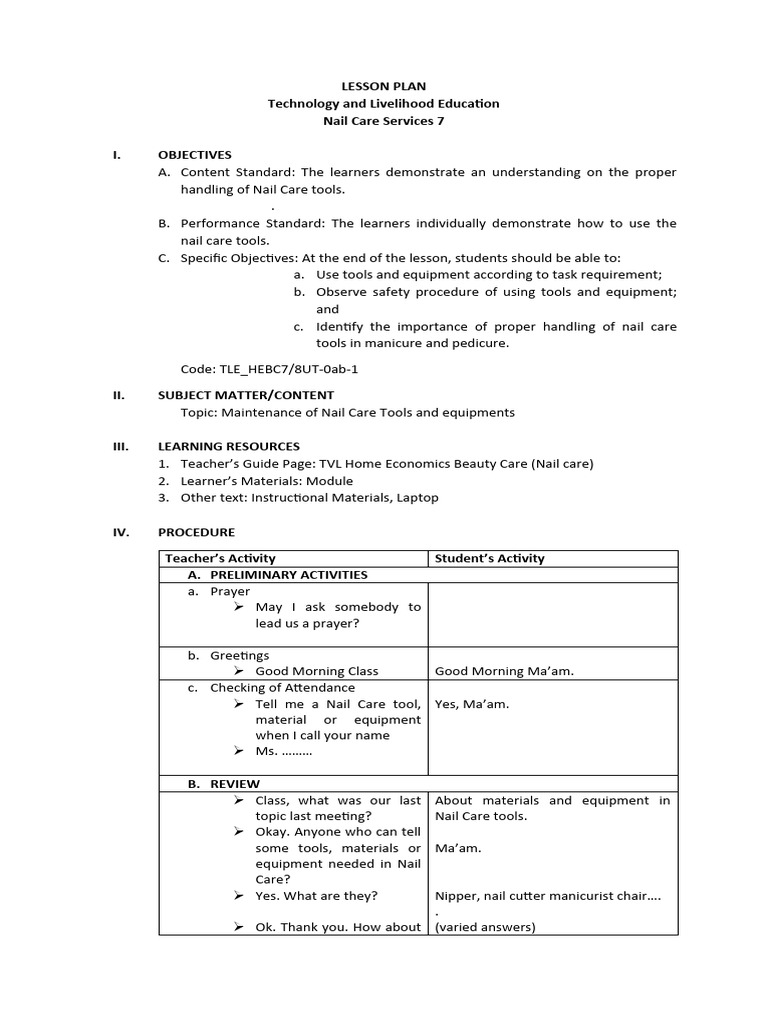 Lesson Plan L02 Unit 3 Nail Care | PDF