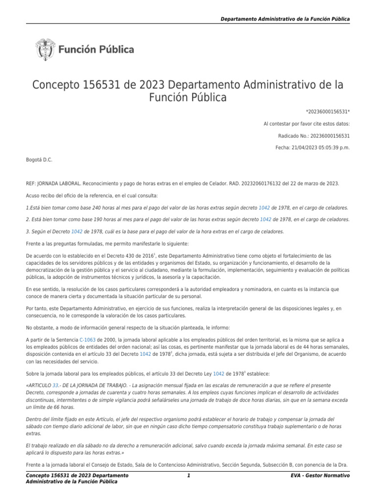 Concepto 156531 de 2023 Departamento Administrativo de La Función Pública | PDF | Finanzas y ...