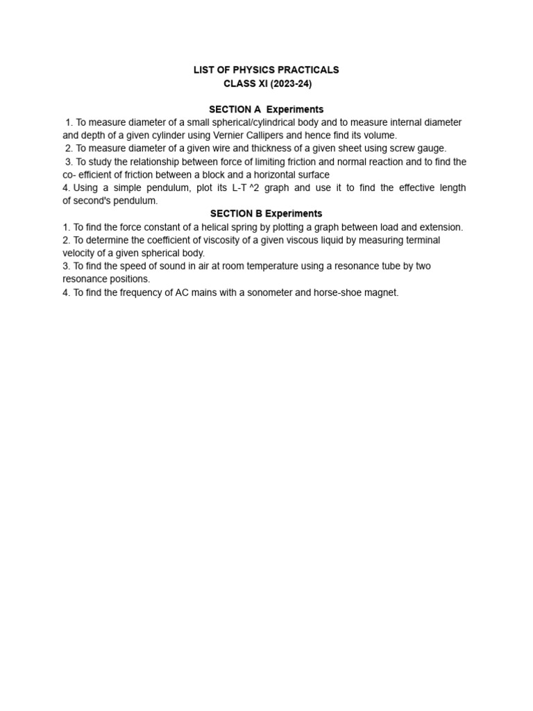List of Physics Practicals - Xi (23-24) | PDF