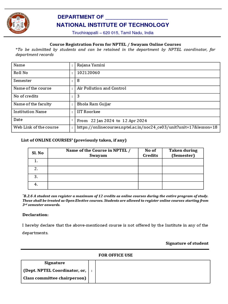 NPTEL Course Registration Form | PDF