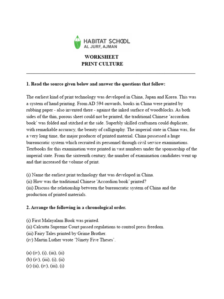 Print Culture - Worksheet | PDF