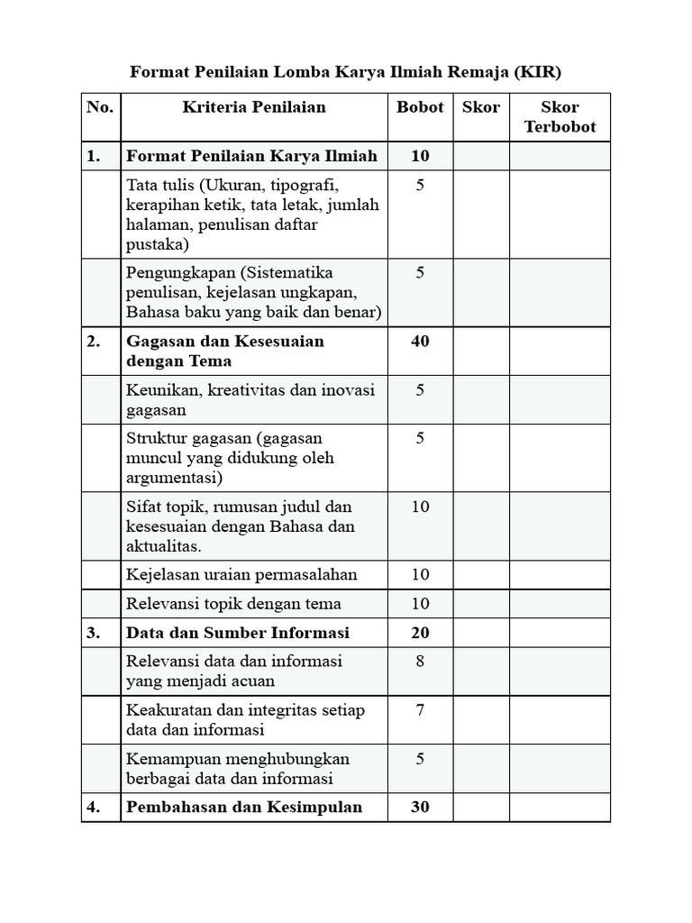 Format Penilaian Lomba Karya Ilmiah Remaja (KIR) | PDF