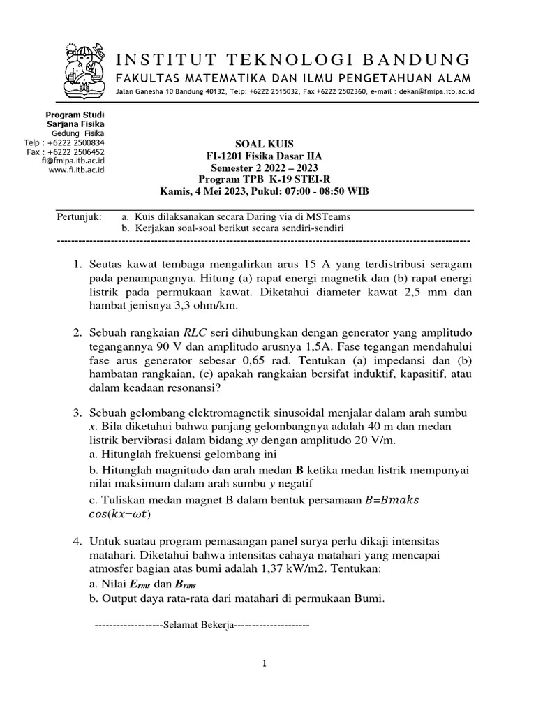 Soal Kuis FI1201 Fisika Dasar 2A K 19 STEI R 2022 2023 Final | PDF | Sains & Matematika ...