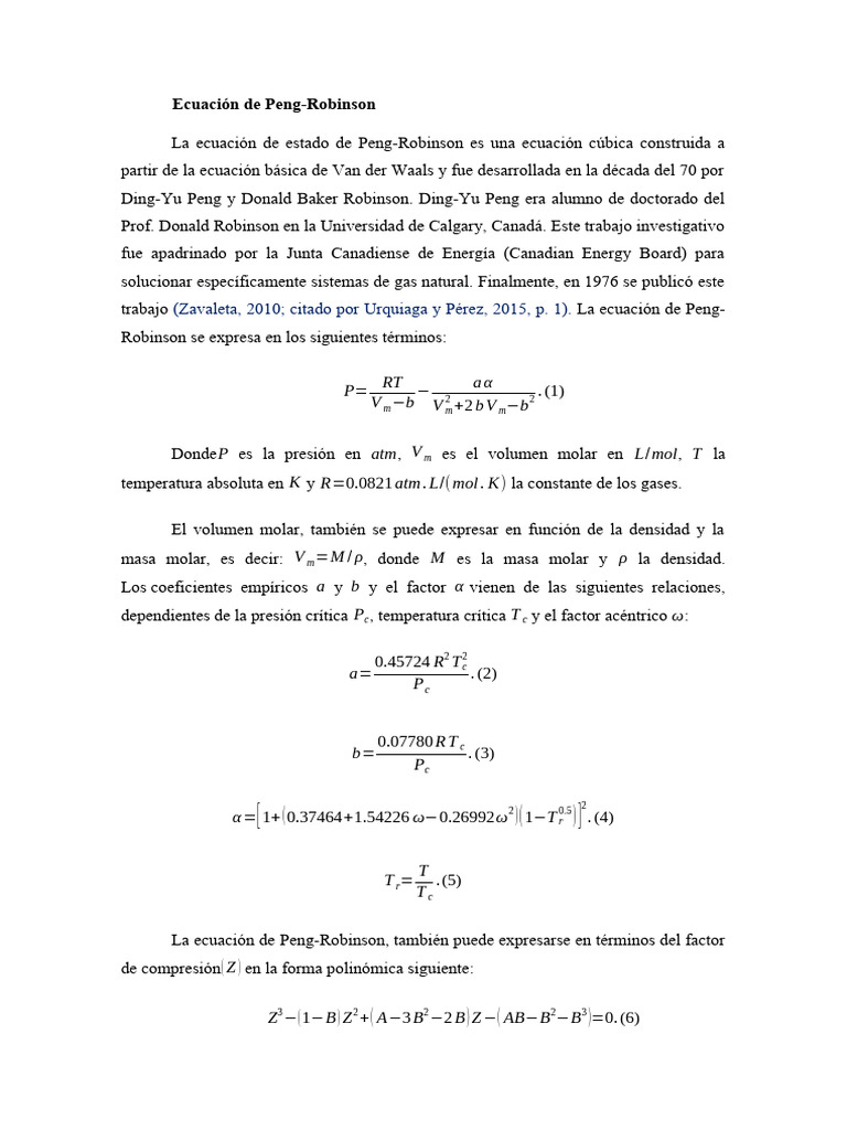 Ecuación de Peng Robinson | PDF | Gases | Química Ecuación de Peng Robinson | PDF | Gases | Química