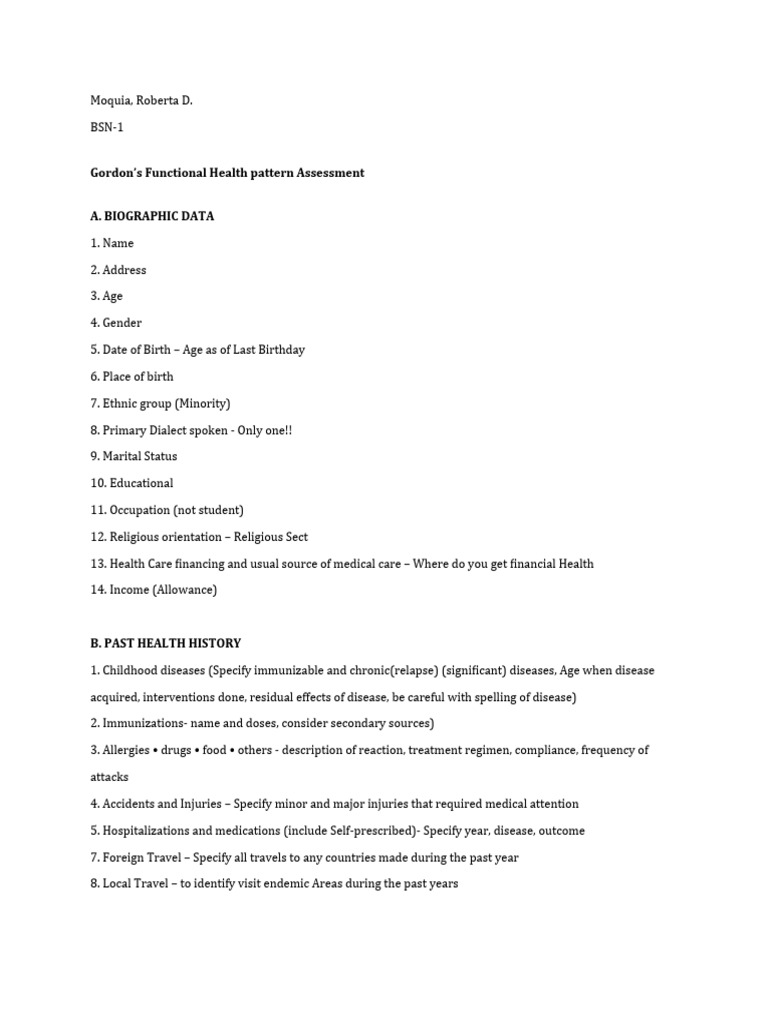 Gordons Functional Health Pattern Assessment | PDF | Urinary ...