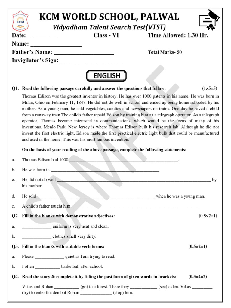 Class - 6 SAMPLE PAPER | PDF | Thomas Edison
