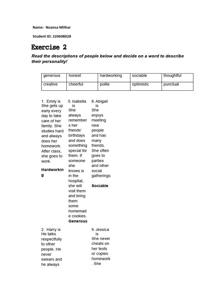 Exercise 2: Read The Descriptions of People Below and Decide On A Word ...