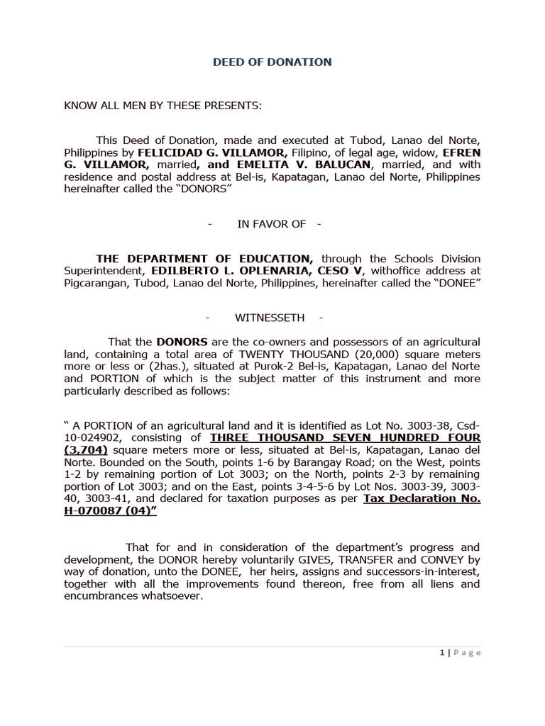 DEED OF DONATION Real Property Sample Tax Dec | Download Free PDF ...