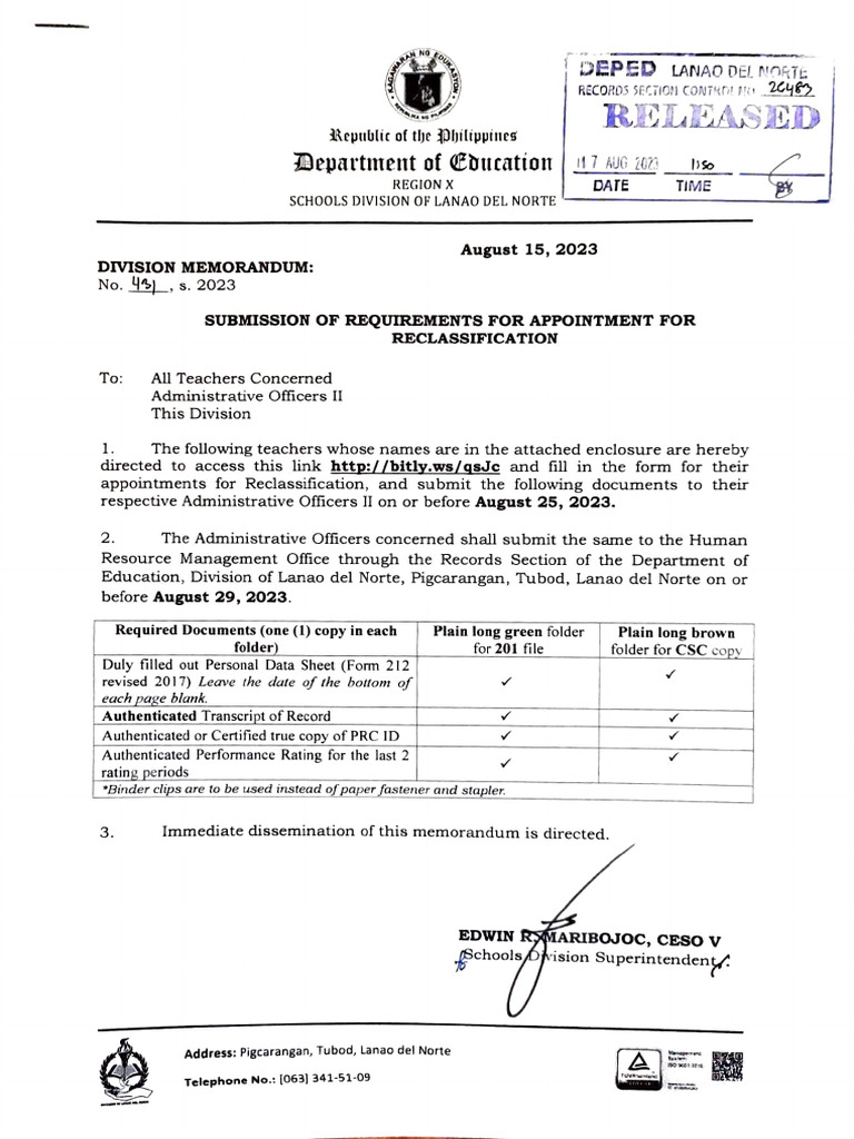 Submission of Requirements For Appointment For Reclassification | PDF