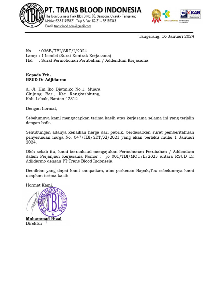 Surat Permohonan Addendum MOU RSU Kota Tangsel | PDF