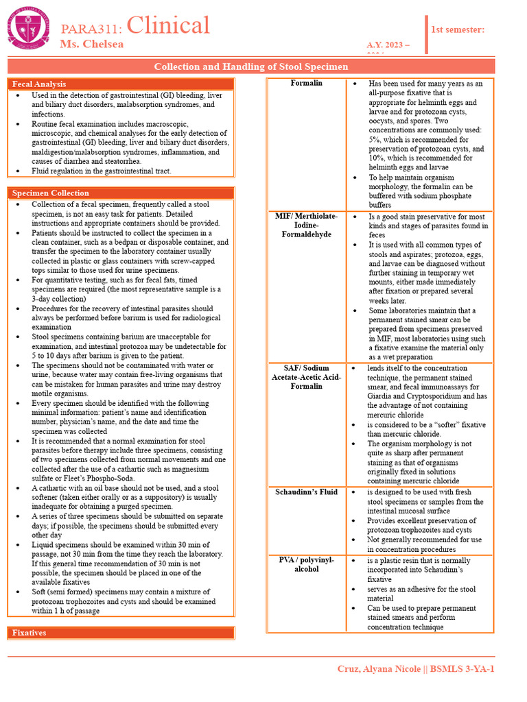 Parasitology Lab - Fecalysis | PDF