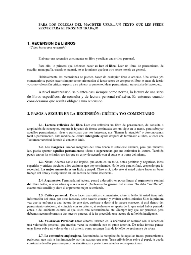 Como Hacer Recensión de Un Libro y Ejemplo | PDF | Lectura (proceso ...