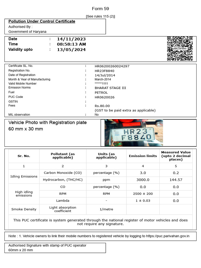 Pollution Under Control Certificate: Form 59 | PDF | Exhaust Gas | Air ...