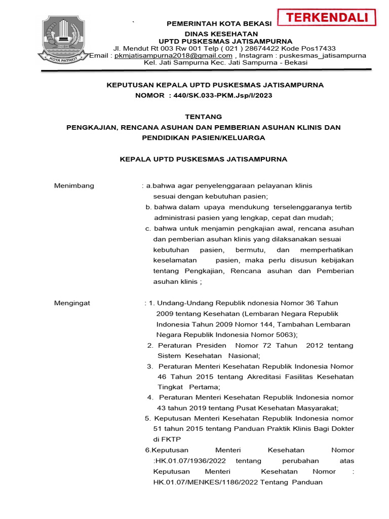 3.2.1.a1 SK Tentang Pengkajian Awal, Rencana Asuhan Dan Pemberian Asuhan Klinis | PDF