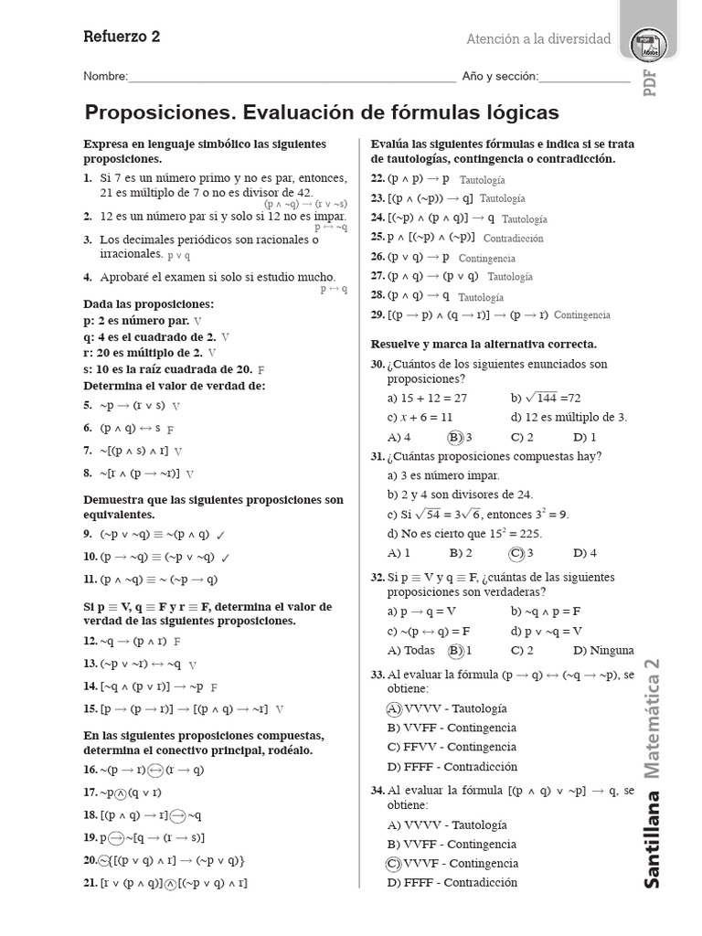 Segundo Refuerzo 2 Lógica | PDF | Proposición | Expresiones lógicas