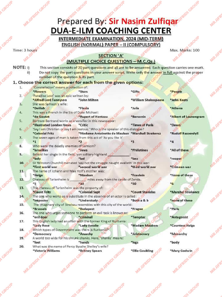 Xii-English Prelim.p Sir Naseem Zulfiqar-Dua e Ilm Coaching Center | PDF