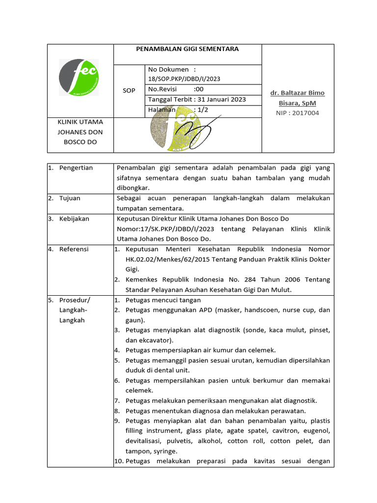 Sop Penambalan Gigi Sementara | PDF