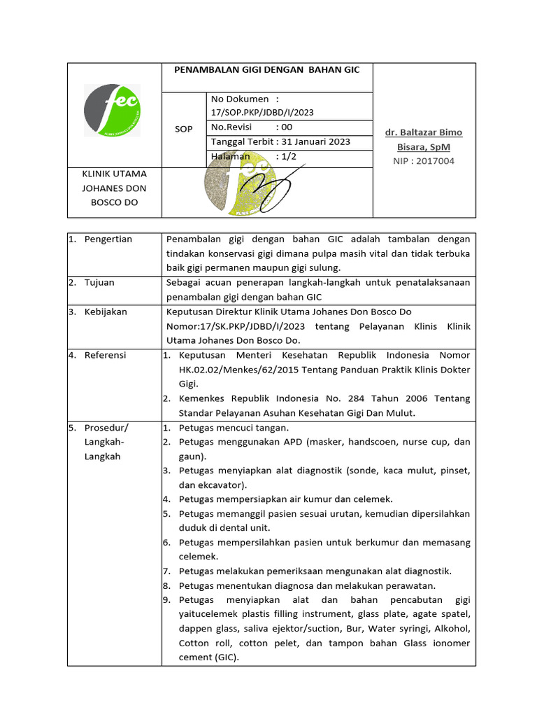 Sop Penambalan Gigi Dengan Bahan Gic | PDF