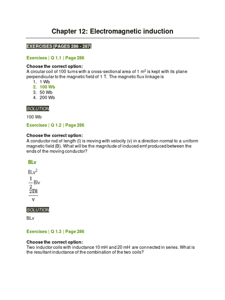 Chapter 12: Electromagnetic Induction: EXERCISES (PAGES 286 - 287 ...