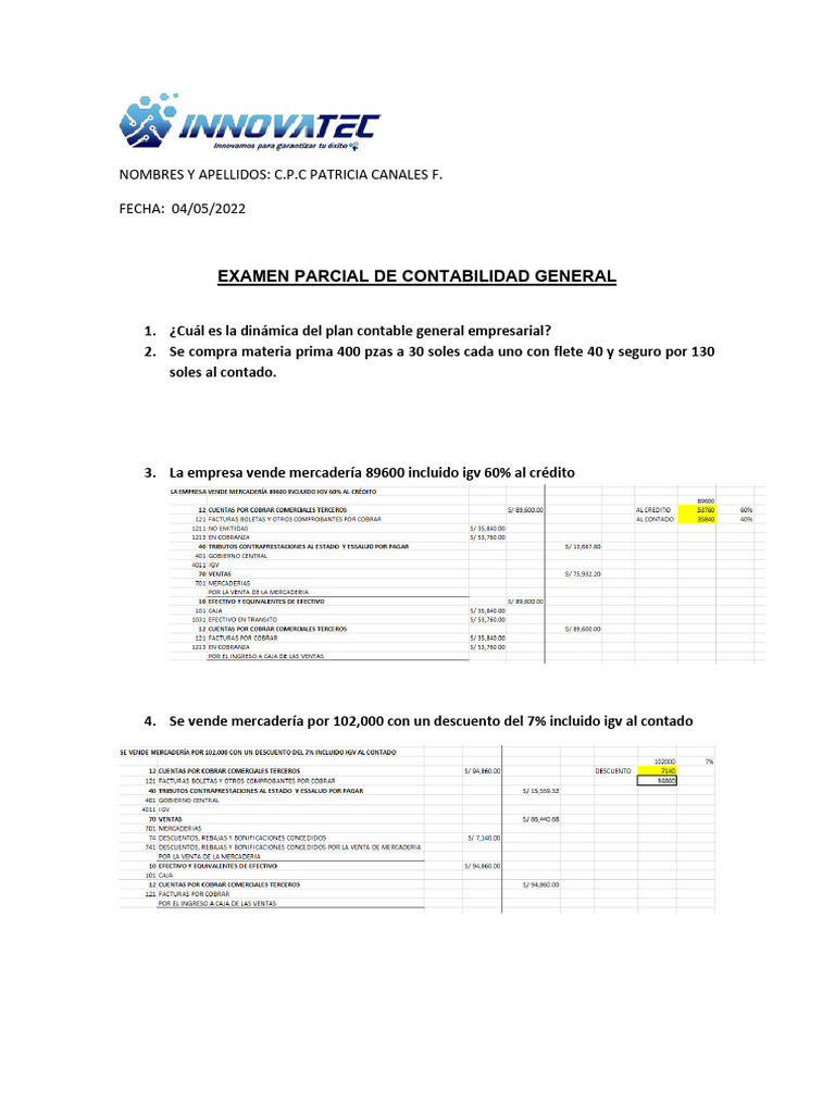 Examen Parcial de Contabilidad General 2 | PDF