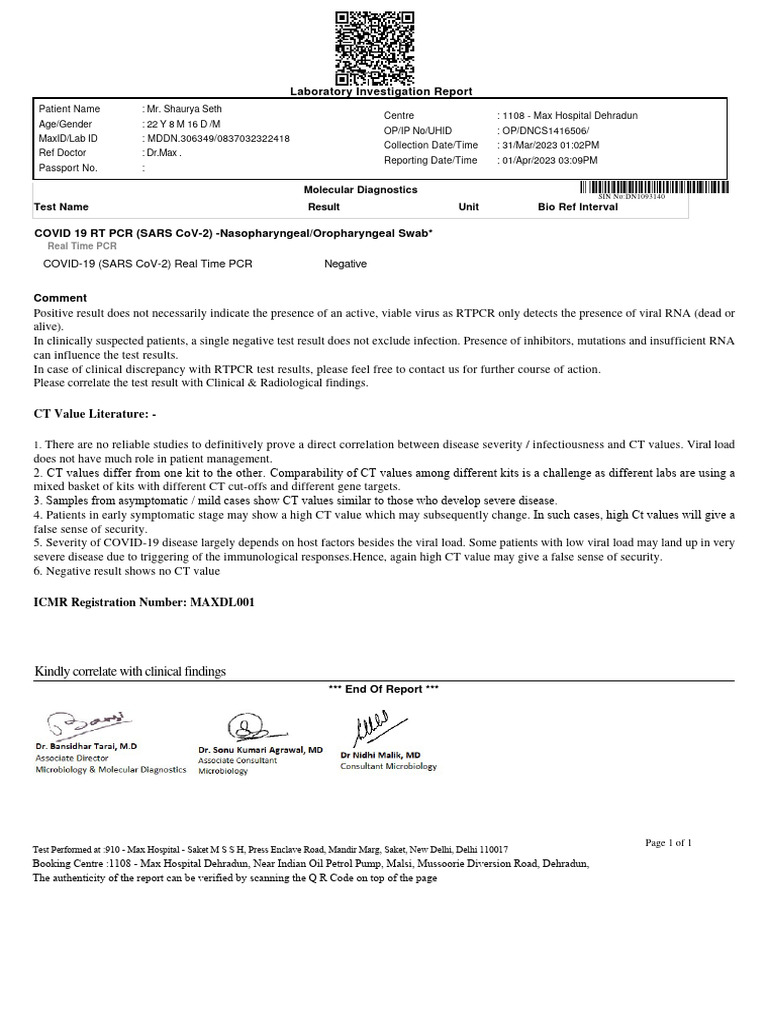 Laboratory Investigation Report: Covid-19 (Sars Cov-2) Real Time PCR ...