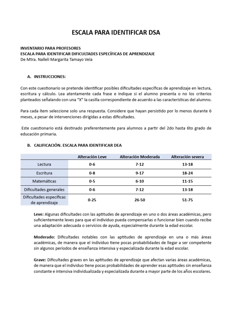 ESCALA PARA IDENTIFICAR DSA | PDF | Aprendizaje | Mente