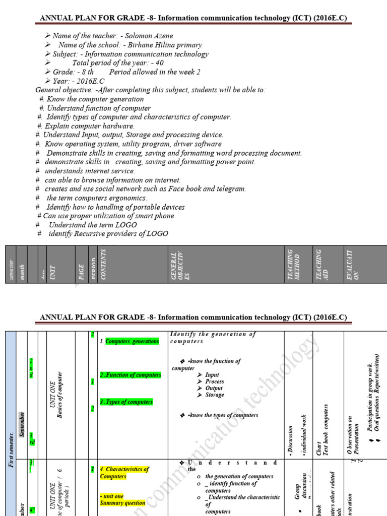 Solomon Anual Plan Grade 8th Ict | PDF | Information And Communications ...