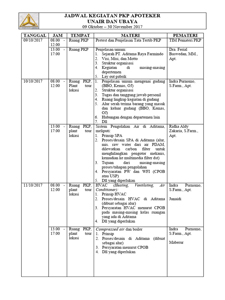 Jadwal PKP UBAYA Dan Unair 9 Okt - 2 Nov 2017 | PDF