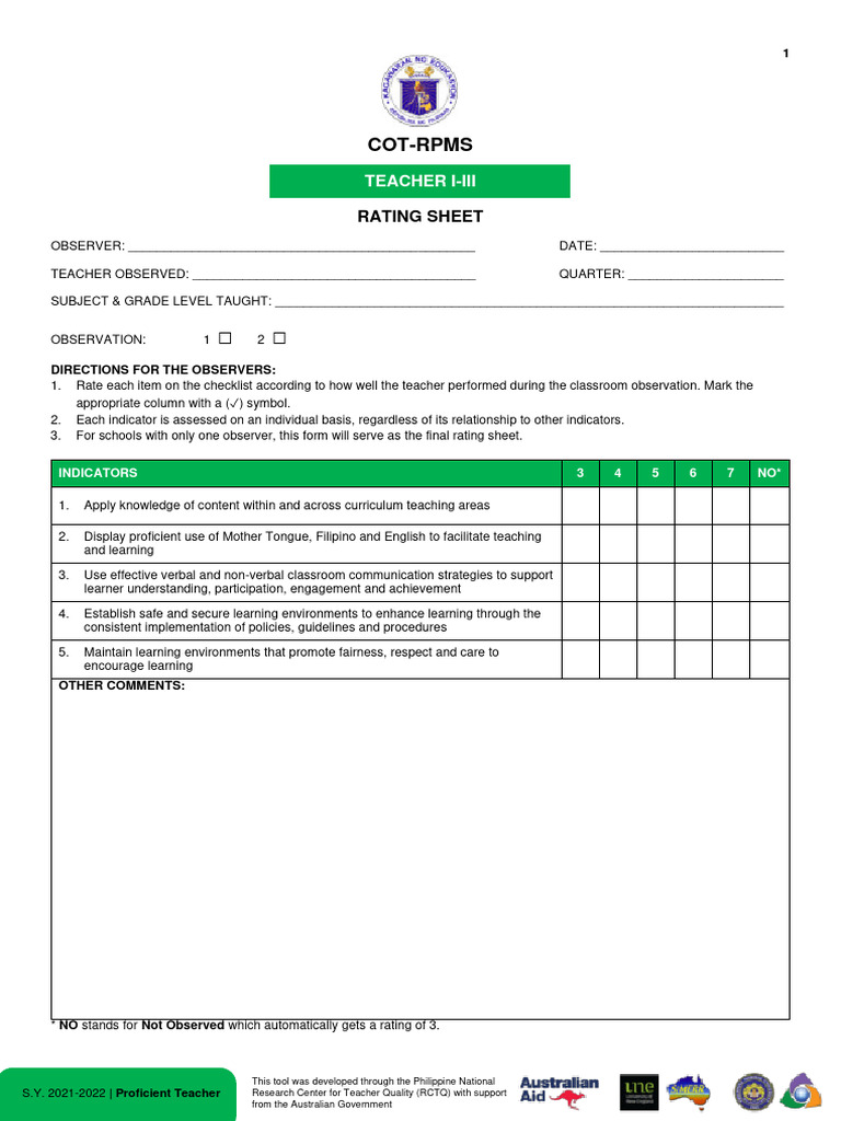 Cot Rpms Rating Sheet For T I III | PDF | Teachers | Learning