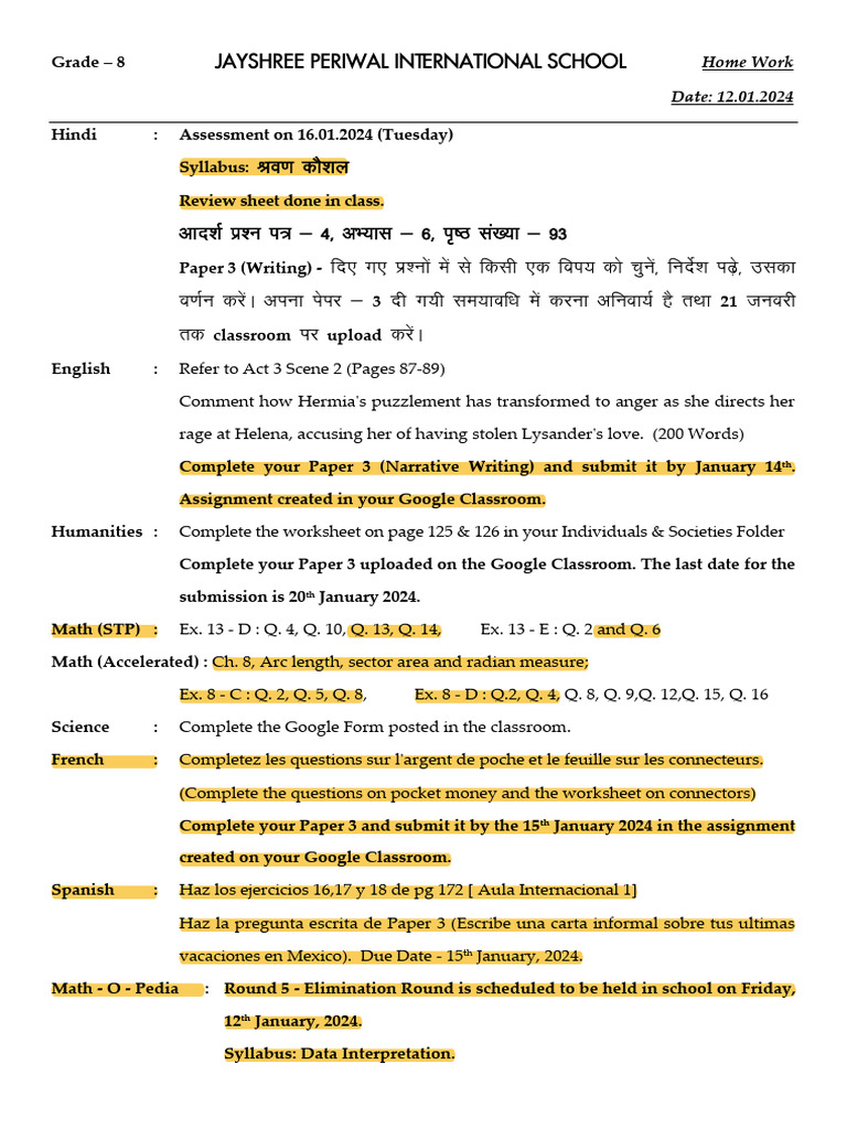 Grade - 8 - Weekend Homework - 12.01.24 | PDF
