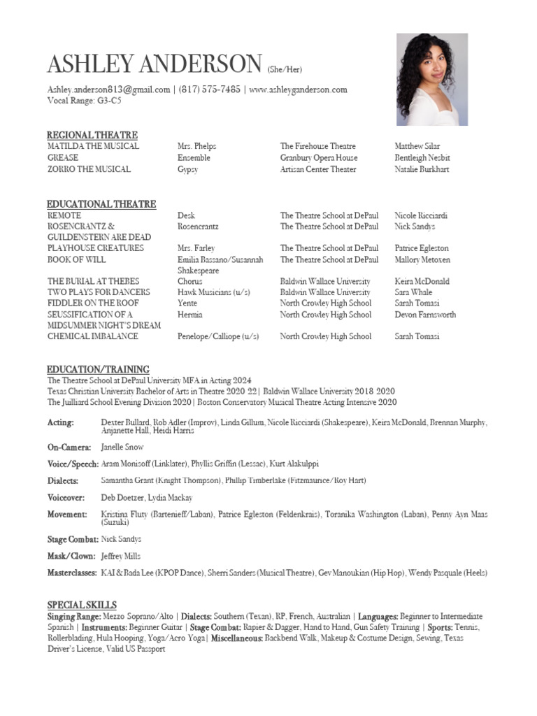 Ashley Anderson Acting Resume | PDF | Performing Arts | Vocal Music