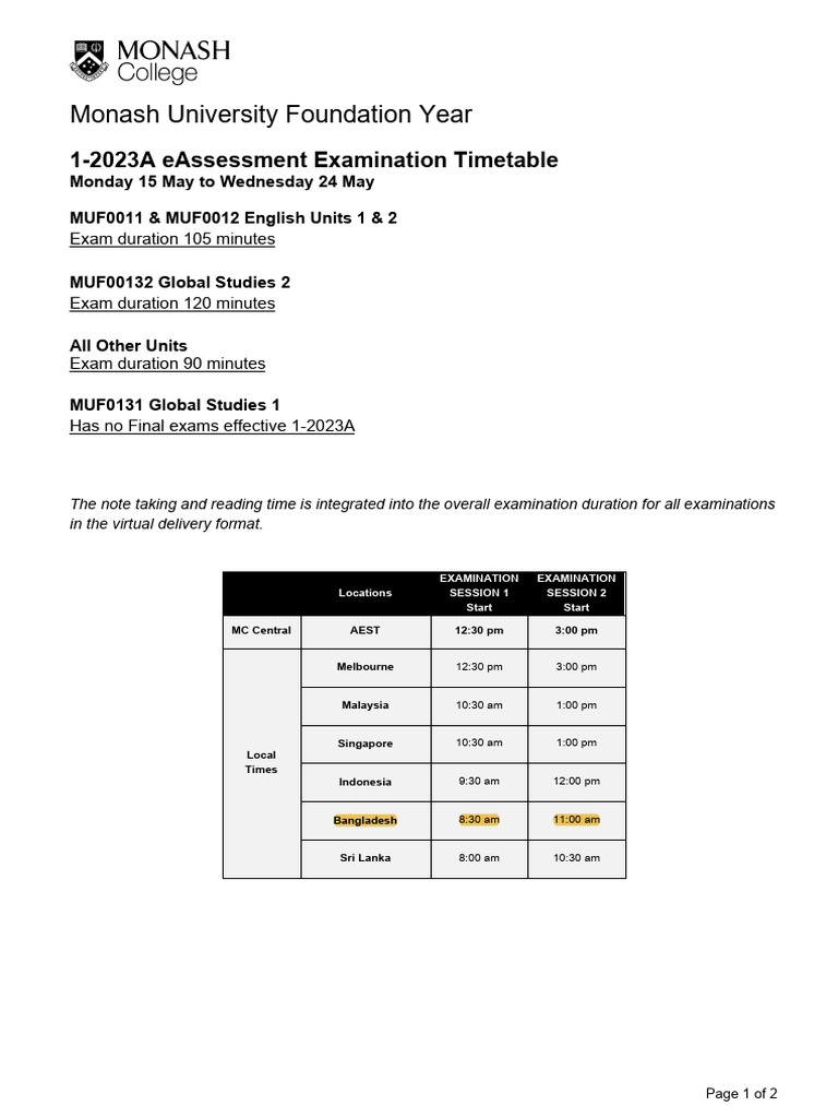 Monash Uni Exam Timetable 2023A | PDF