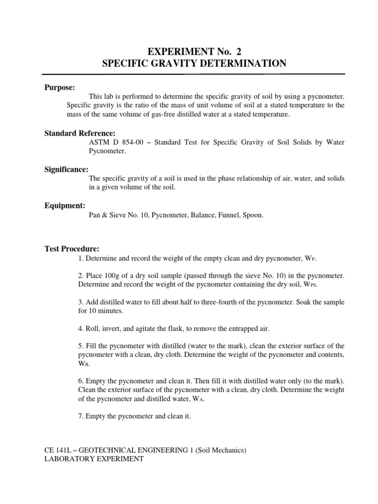 EXPERIMENT 2 Specific Gravity | PDF | Soil Mechanics | Weight