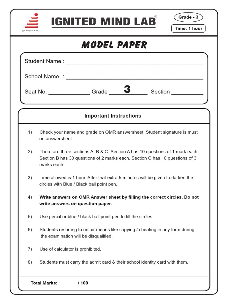 Model Paper-Grade 3 | PDF | Mathematics