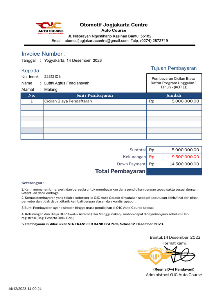 Invoice Pembayaran OJC Auto Course | PDF