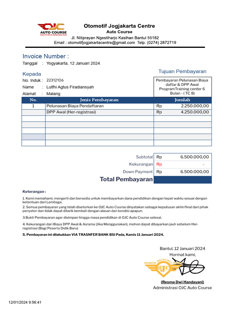 Invoice Kursus Mobil - XLSX - Invoice | PDF | Pengelolaan Keuangan & Uang