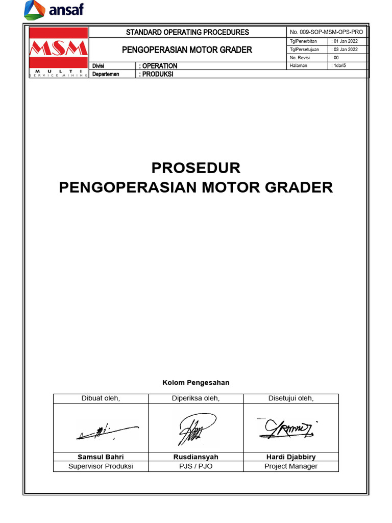 Prosedur Pengoperasian Motor Grader | PDF | Teknologi & Rekayasa