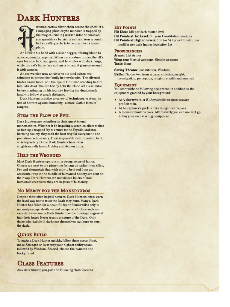 D&D 5E - Homebrew - Class Dark Hunter | PDF