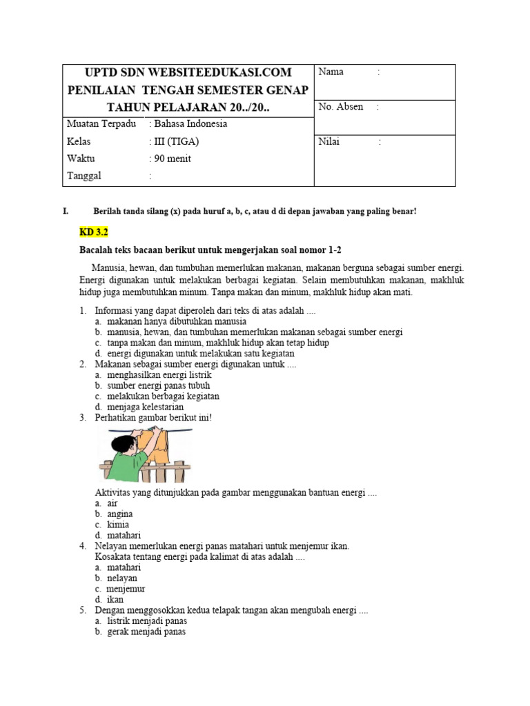 Soal PTS 2 Bahasa Indonesia Kelas 3 K13 | PDF