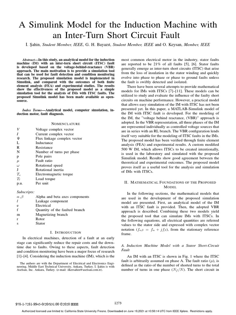A Simulink Model For The Induction Machine With An Inter-Turn Short Circuit Fault | PDF ...