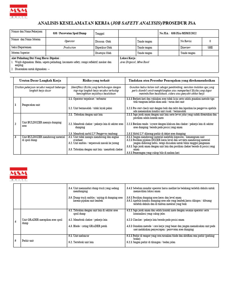 JSA Perawatan Spoil Dump | PDF