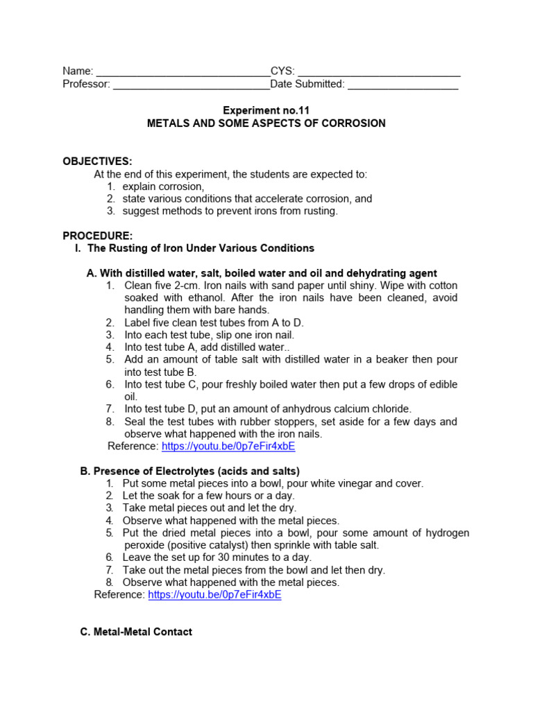 Experiment 11 Corrosion of Metals | PDF | Rust | Corrosion