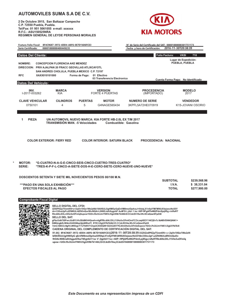 Factura Kia Alan 2 | PDF | Transporte privado | Vehículos terrestres