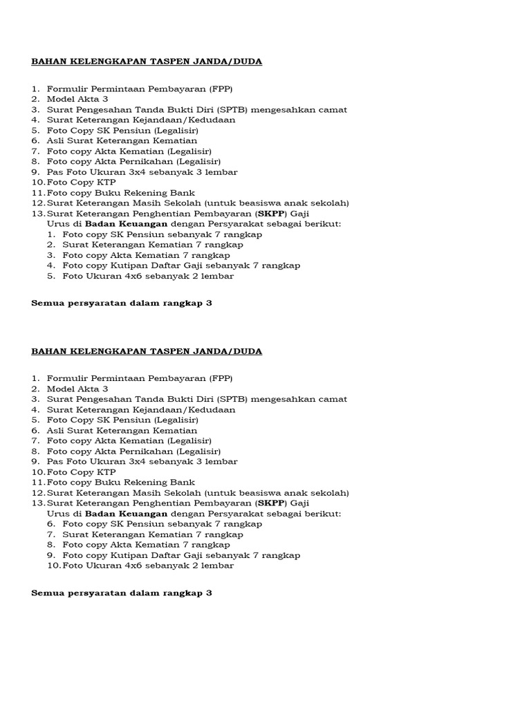 Syarat Bahan Kelengkapan Taspen Janda-Duda | PDF
