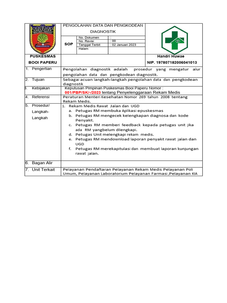 Sop Pengolahan Data Dan Pengkodean Diagnostik | PDF