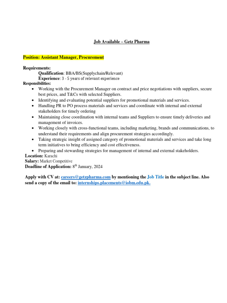Assistant Manager Procurement Job at Getz Pharma | PDF | Career ...