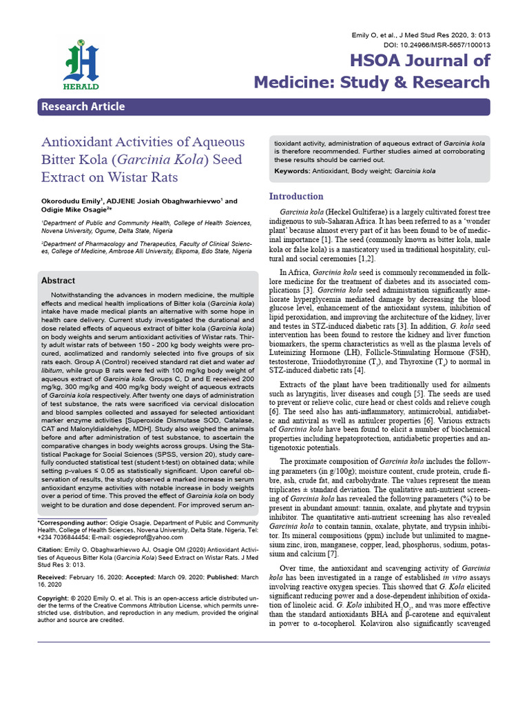 Antioxidant Activities of Aqueous Bitter Kola Garcinia Kola Seed Extract On Wis | PDF ...