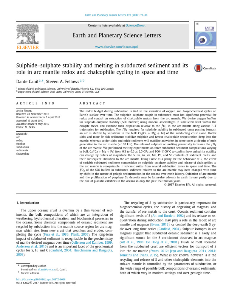 2017-Canil-EPSL-Sulphide-sulphate Stability and Melting in Subducted ...