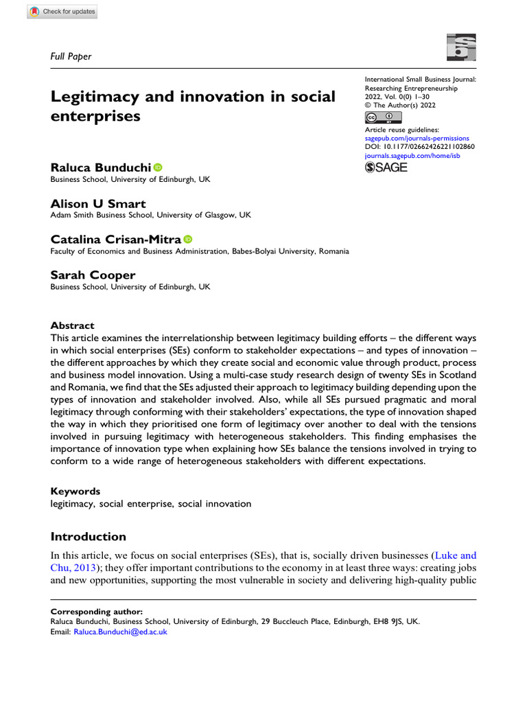 Legitimacy and Innovation in Social Enterprises: Raluca Bunduchi | PDF ...