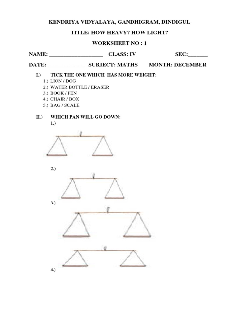 Worksheet For IV Maths Dec 2 How Heavyhow Light-1 | PDF | Food And Drink Preparation | Food And ...